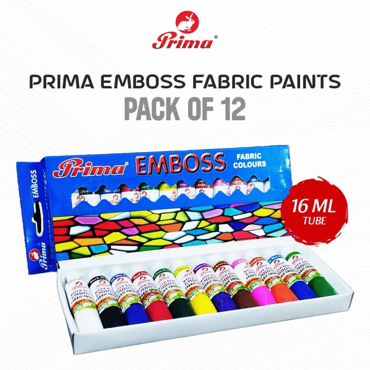 Prima Emboss Fabric Colours | Emboss Fabric Paint 12 Colours Set | 16ml ...