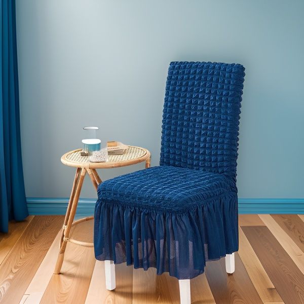Bubble Seersucker Fluffy Dining Chair Cover - Navy Blue - 6 Seater ...