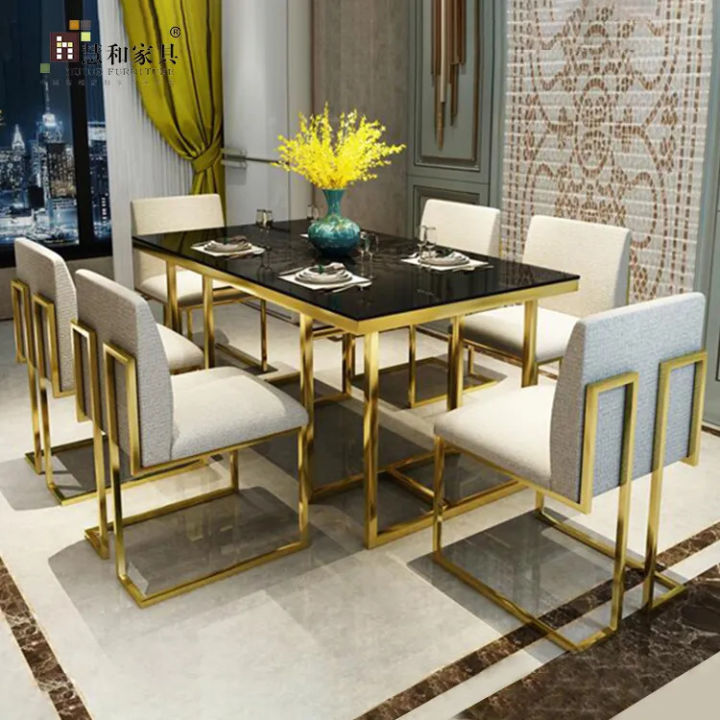 Metal dining table with super glossy marble mdf sheet top with 6 ...