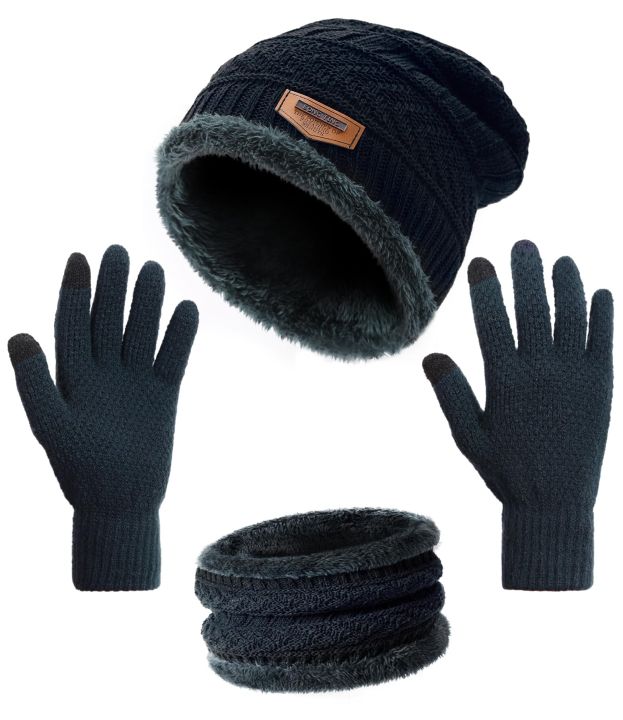 3 Pc Winter Knitted Beanie Cap Neck Warmer Gloves Set, Winter Hat Scarf ...