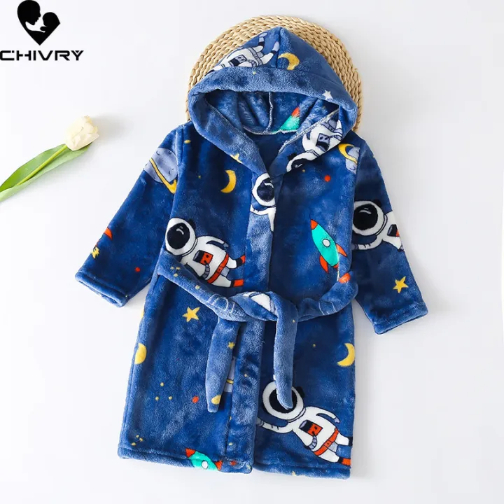 New Autumn Winter Kids Hooded Soft Flannel Bathrobe Baby Bath Robes ...