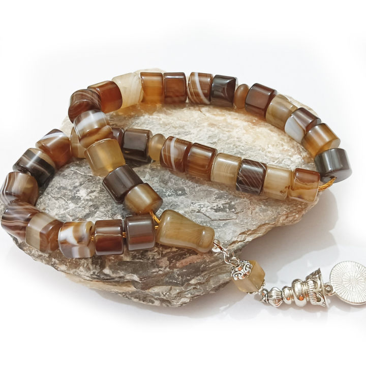 Natural Turkish design White & Brown Sulemani Aqeeq Stone Tasbih 33 ...