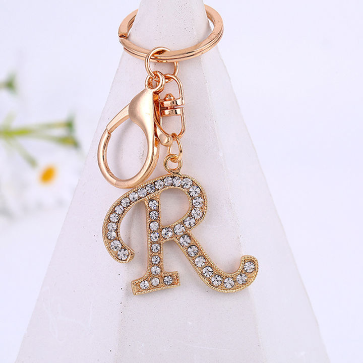 26 Letter Crystal Rhinestone Alloy Keychain Charm Gold Key Ring ...