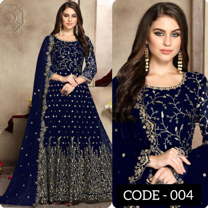 Women Chiffon Crincle Embroidered Frock Navy Blue FF-70 (Unstitched ...