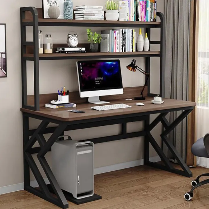 Computer Tables, Metal Frame Wood Home Office Table with Bookshelf ...