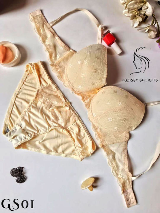 Pushup Stylish Net Band Bra Set With Adjustable Strips | Floral ...