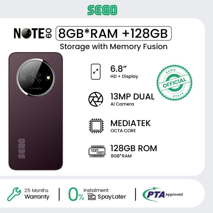 SEGO Note 60 Smartphone, PTA Approved, 128GB xAI OS, 6.8" HD+ Display, MediaTek 2.0GHz Octa-Core ...