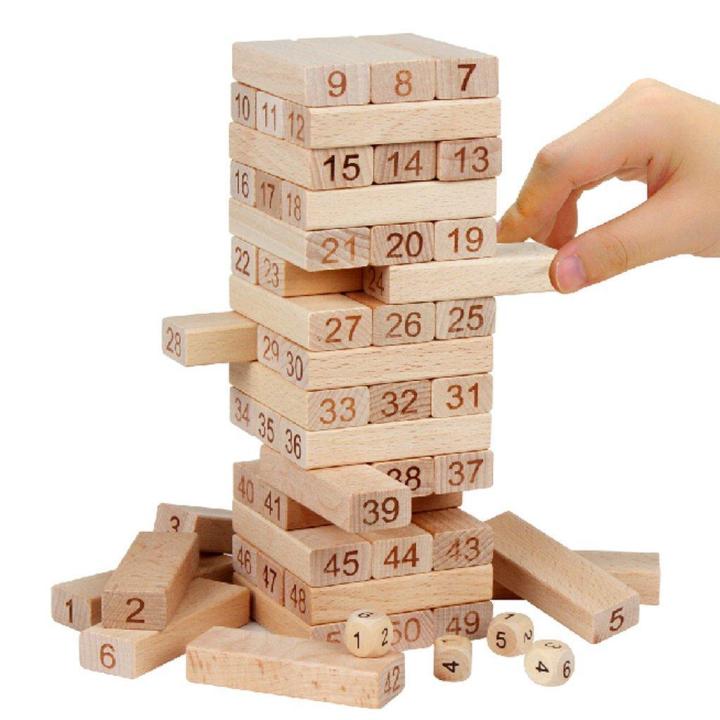 54 Pieces Wooden Jenga Tower Building Blocks Game Wooden Stacking Blocks Game with Numbers and ...