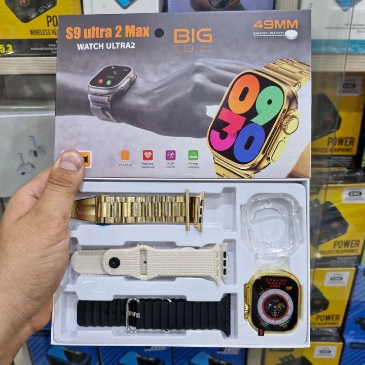 S9 Ultra 2 max Smart Watch - Watch Ultra 2 - 3 Strap + Silicon Case - Golden Edition - 49mm ...