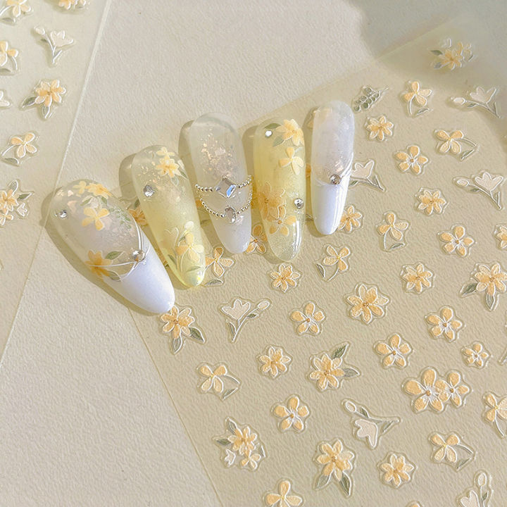 Yellow Flower Nail Stickers Floral Relief Nail Back Adhesive Tape Nail ...