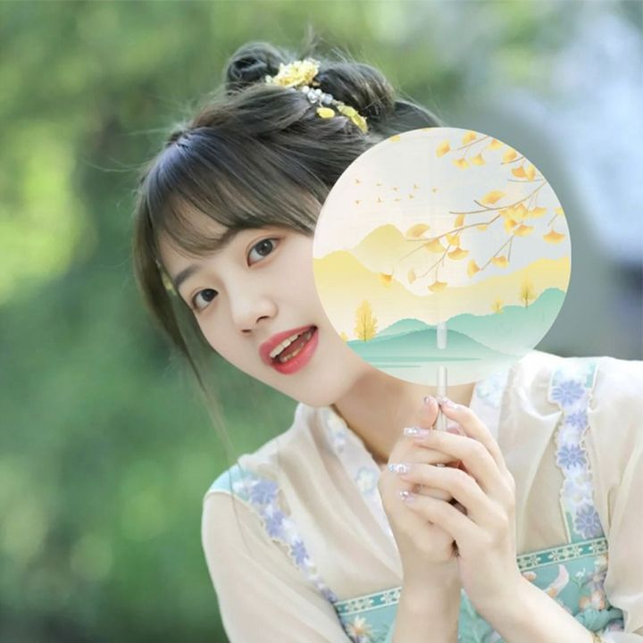 Portable Frosted Fan Handle Ancient Long-handled Fan Color Printing ...