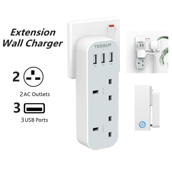 Tessan 2 Way Multi Plug Extension Socket Adapter with 3 USB for Kitchen ...