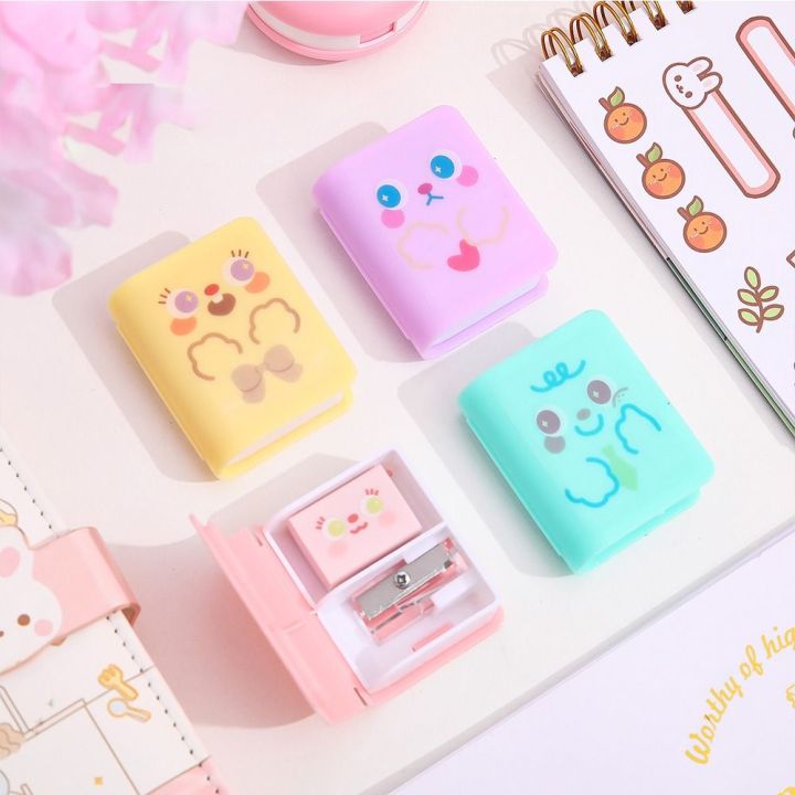 Kawaii Book Shape Pencil Eraser Sharpener Set Less Rubber Debris ...