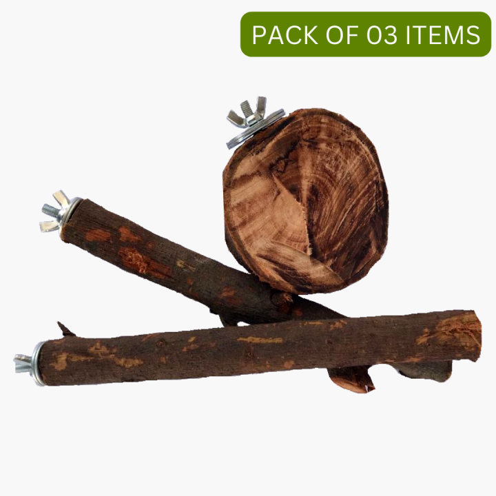 Pack of 03 items Bird Perches stick and round combo Natural Wood Parrot ...