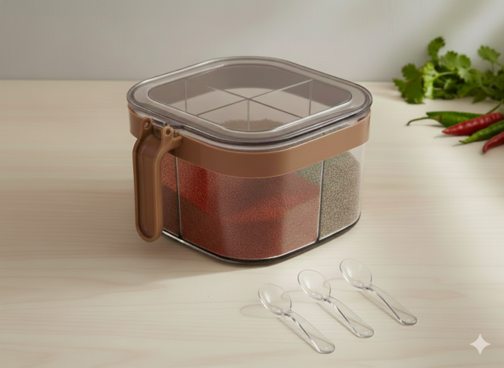 4 Grid Acrylic Seasoning Box with Handle & Spoons | Portable Kitchen ...
