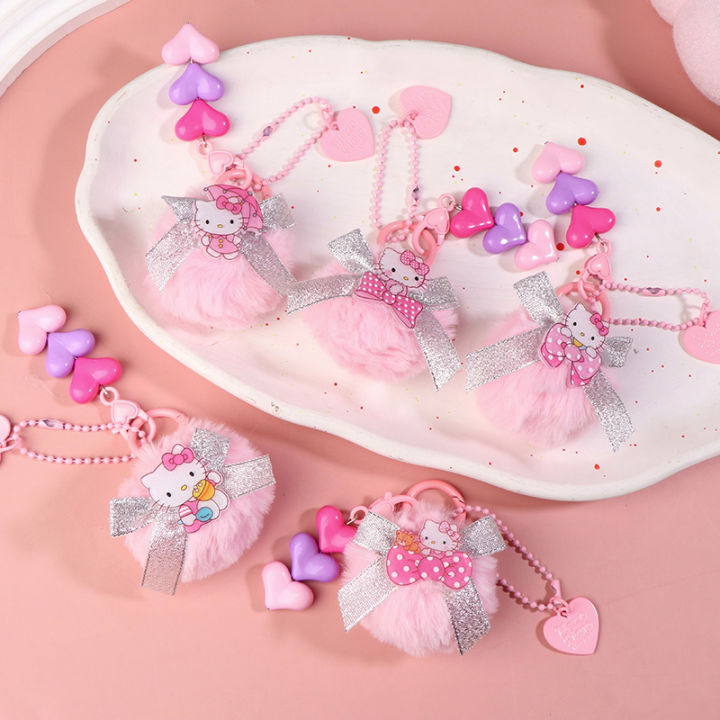 Hello Kitty Fluffy Ball Keychain Anime Sanrio KT Cat Plush Keyring Bag ...