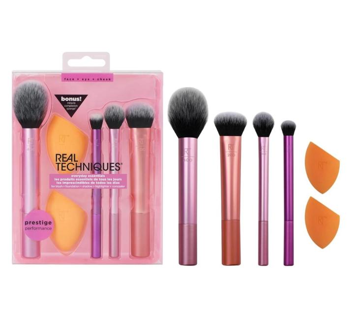 Real Techniques 6 Piece Everyday Essentials Makeup Brush Set Includes 4 Brushes and 2 Makeup ...