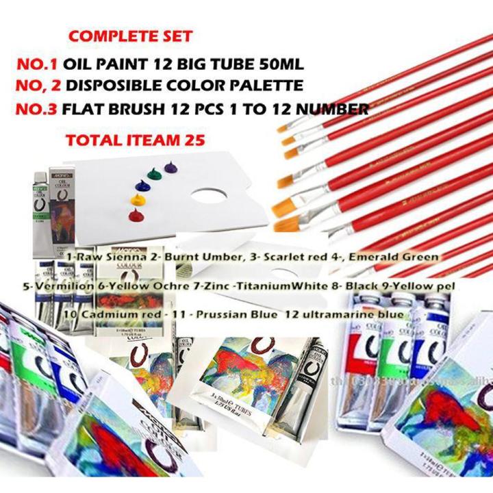 COMPLETE OIL PAINTING SET 12 OIL PAINT BIG TUBE 50 ML 12 BRUSH NO 1 TO ...