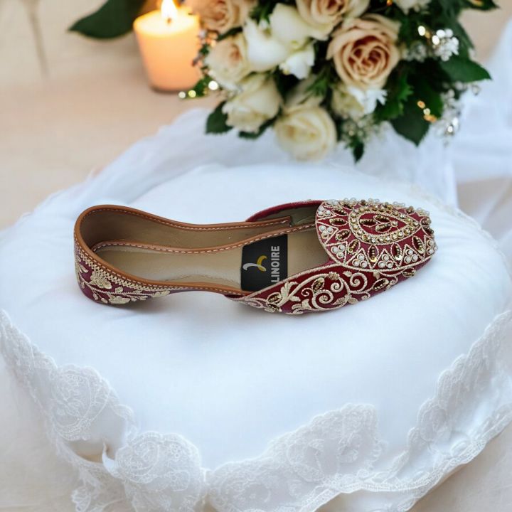 Maroon Bridal Khussa with Gold Zari and Pearl Embellishments | Daraz.pk
