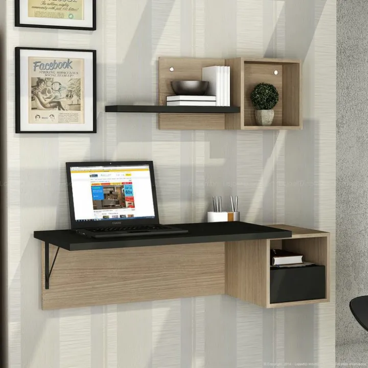 Wall-Mounted Study Desk with Drawer and Overhead Shelves – Space-Saving ...
