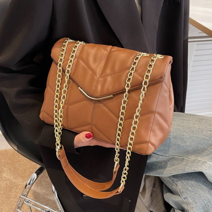 Big Chain Crossbody Bag Quilted Leather Shoulder Bag Simple Embroidery ...