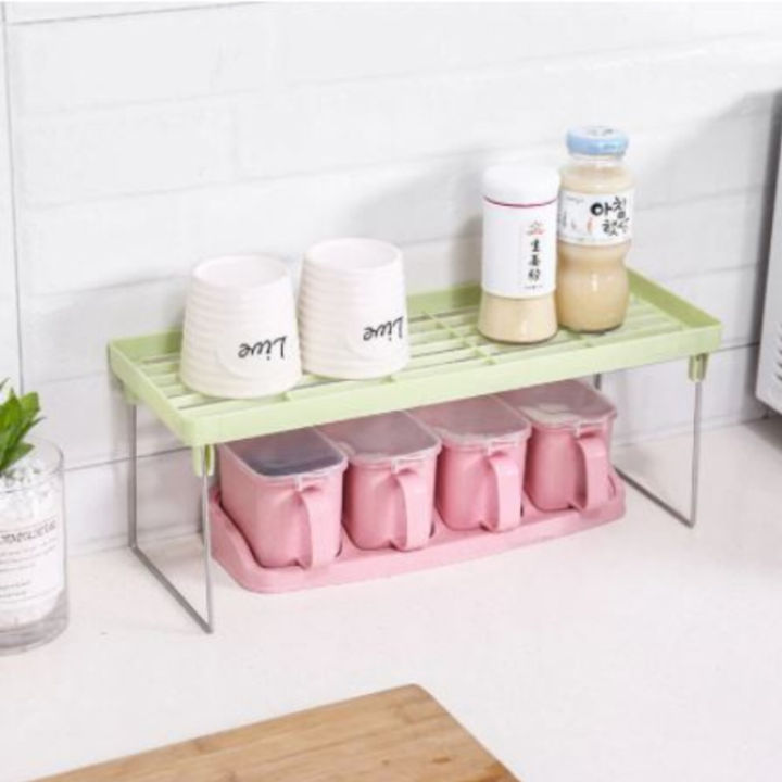 Pack Of 2 Stack Up Shelf Space Saver Plastic Racks Steal Folding Legs ...