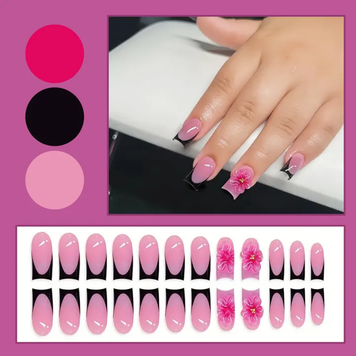 XXS280 24PCS French Pink False Nails with Black Tip Long Lasting Resin ...