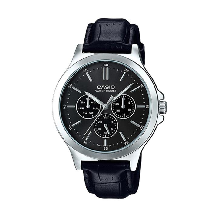 Casio General Mens Stainless Steel Analog Quartz Black Dial Black Leather Band Watch-MTP-V300L ...