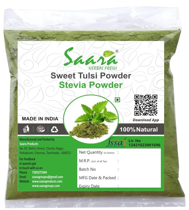 Saara HERBAL FRESH Stevia Powder, Sweet Tulsi Powder, Natural Sweetner ...