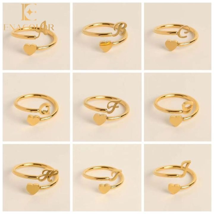 Enacolor Titanium Steel 26 Letter Ring 3D Heart-shaped Tail Ring A-Z ...