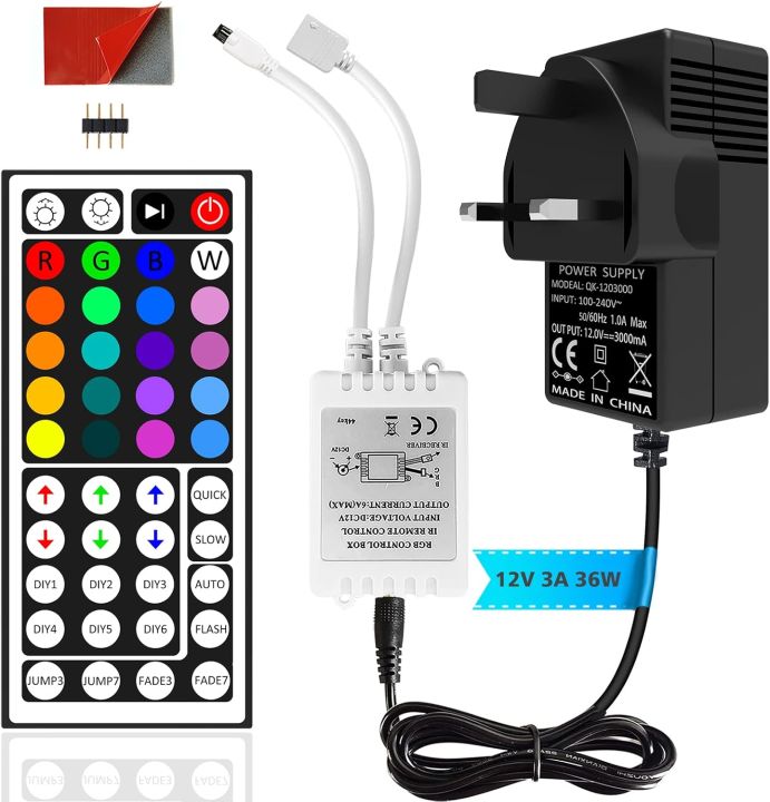 ZABY 12V 3A LED Lights Adapter Plug, 44 Keys Wireless LED Remote ...
