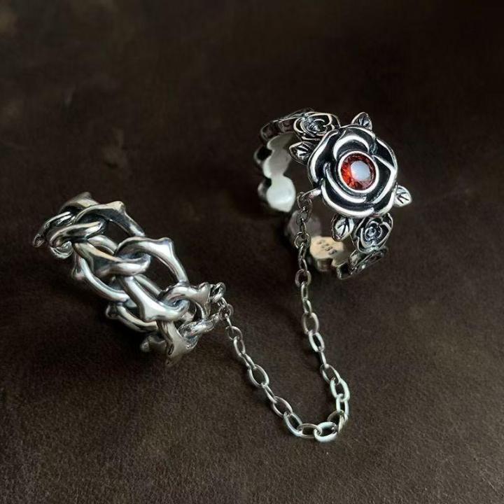 Retro Rose Thorn Opening Ring Punk Goth Chain Finger Rings Women ...
