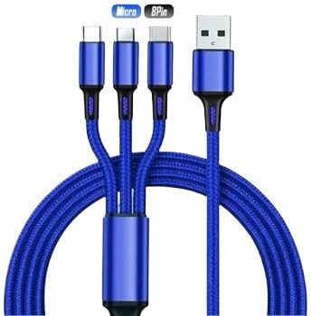 3 in 1 Original Fast Data Cable Blue/Golden/Gray - Size 120cm (100% ...