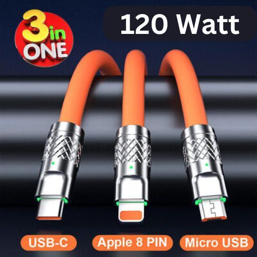 3 In 1 Super Fast Charging Cable 120 Watt - Type C Micro And iPhone ...