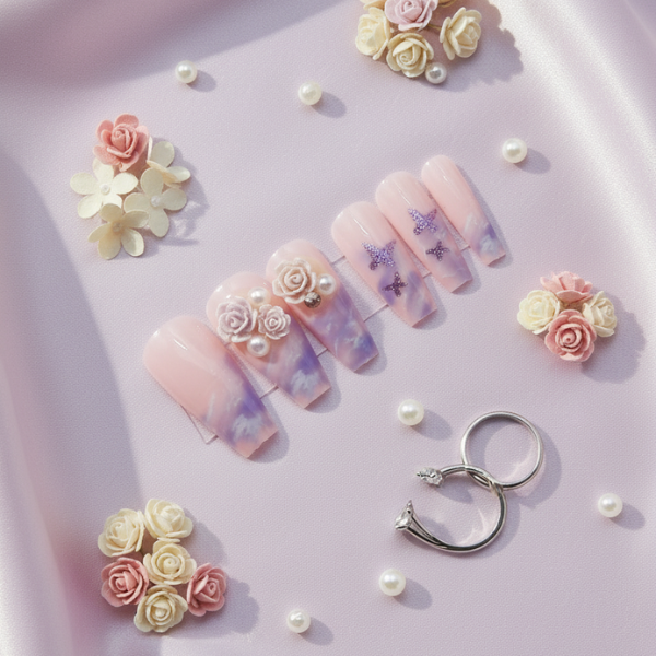 12Pcs Purple Nude Flowers Fake Nails with Stickers DIY Art Design False ...