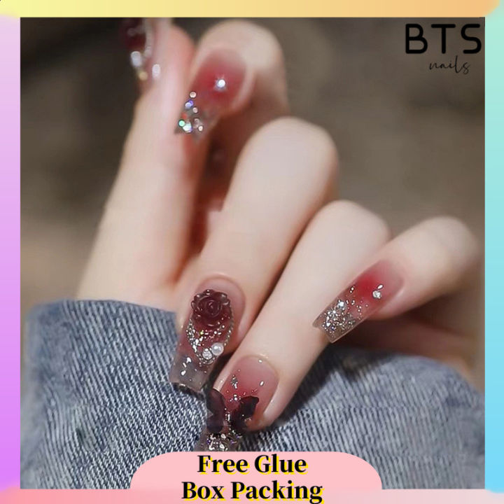 BTS 【WITH GLUE】24Pcs Pink Crystal Butterfly Pearl Delicate Long Fake ...