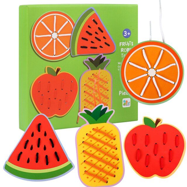 4pcs Kids Montessori Diy Wooden Animal Fruits Shaped Rope String Lacing ...