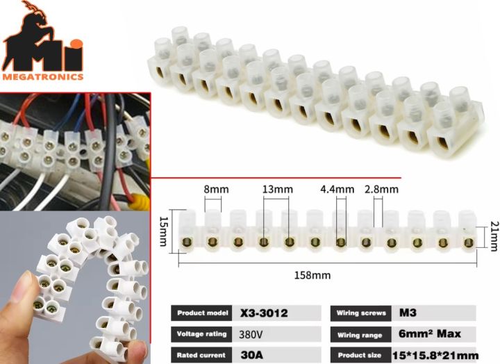 X3-3012 30A 12 way Screw Terminal Block Connector Strip plastic Wire ...