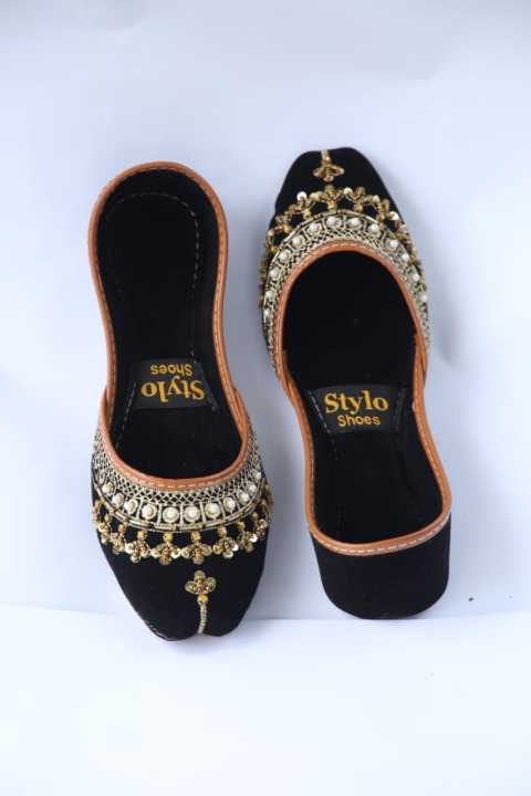 Black Velvet Fancy Khussa with Golden Work | Daraz.pk