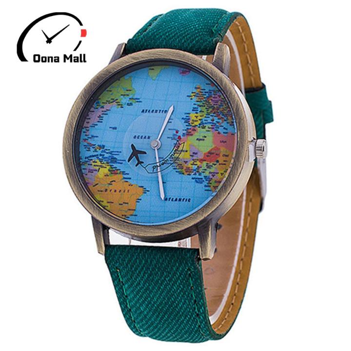 Oona Mall Women's World Map Dial Denim Fabric Strap Analog Quartz ...