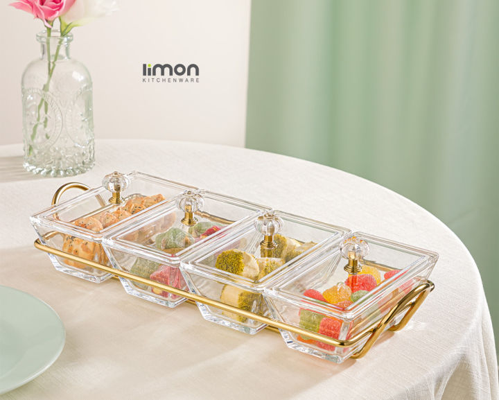 Snack Serving & Dry Fruits Tray /Limon Glass Snack Serving Tray with 4 ...