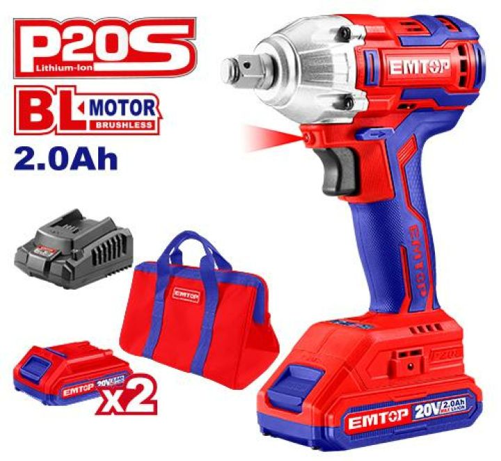 Emtop Original Industrial Li-ion Cordless Impact Wrench with 2 pcs ...