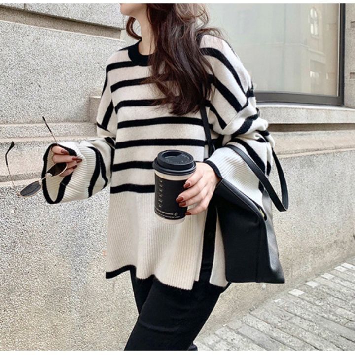New Lazy Wind Knitwear Loose Slimming Slit Long-Sleeved Top Korean ...