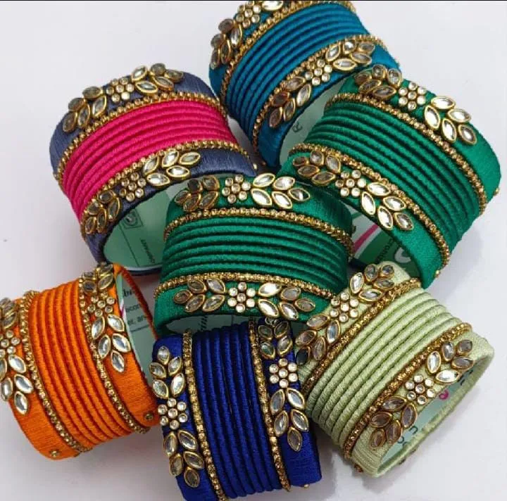Stylish silk thread bangles, kundan kara, indian style kara , kunda kara set (2 kundan kara or 8 ...
