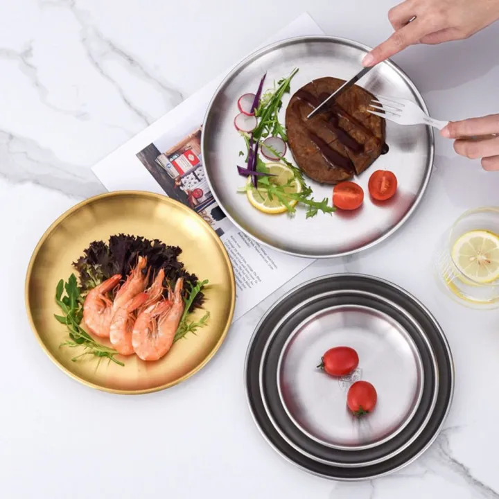 Stainless Steel Cake Dessert Tableware Gold Silver Round Plate Bone ...