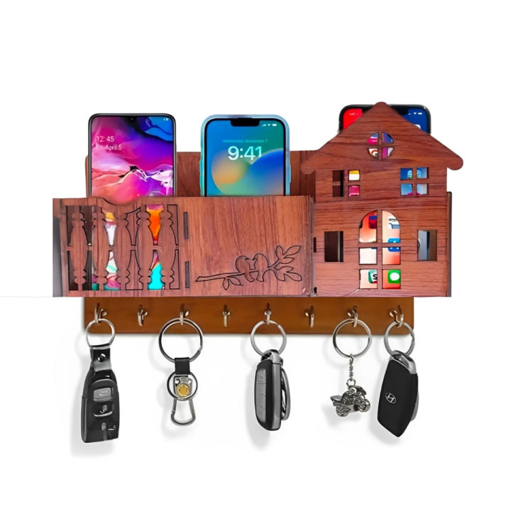 Wooden Wall Keychain and Mobile Phone Holder Durable and Space-Saving ...