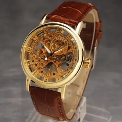 Brown Leather Skeleton Watches for Men-TW002 | Black Leather Skeleton ...