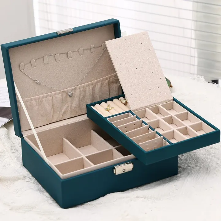 Leather jewelry Organizer with Locker 2 Layers Cosmetics Ear Rings ...
