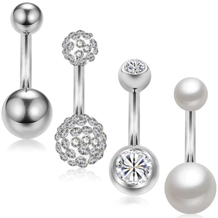 【Very good-looking】4Pcs 14G Belly Button Rings Pearl Crystal Two Balls ...