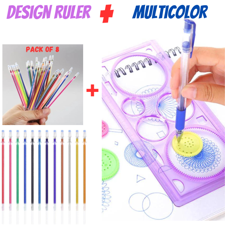 Pack of Design Ruler & 8 Glitter Colors - Spiro graph Geometric Stencil ...